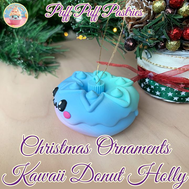3D Printable Christmas Ornaments Kawaii Donut Holly by Puff Puff Pastries