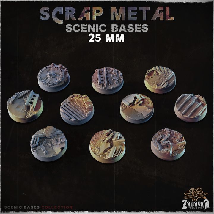 3D Printable Scrap Metal - Scenic Bases (25mm Bases) by Zabavka Workshop