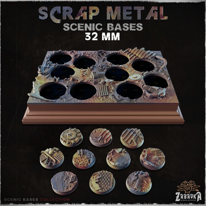 3D Printable Scrap Metal - Scenic Bases (32mm Bases) by Zabavka Workshop