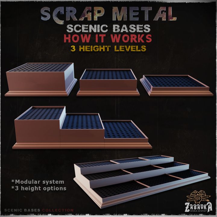 3D Printable Scrap Metal - Scenic Bases (32mm Bases) by Zabavka Workshop