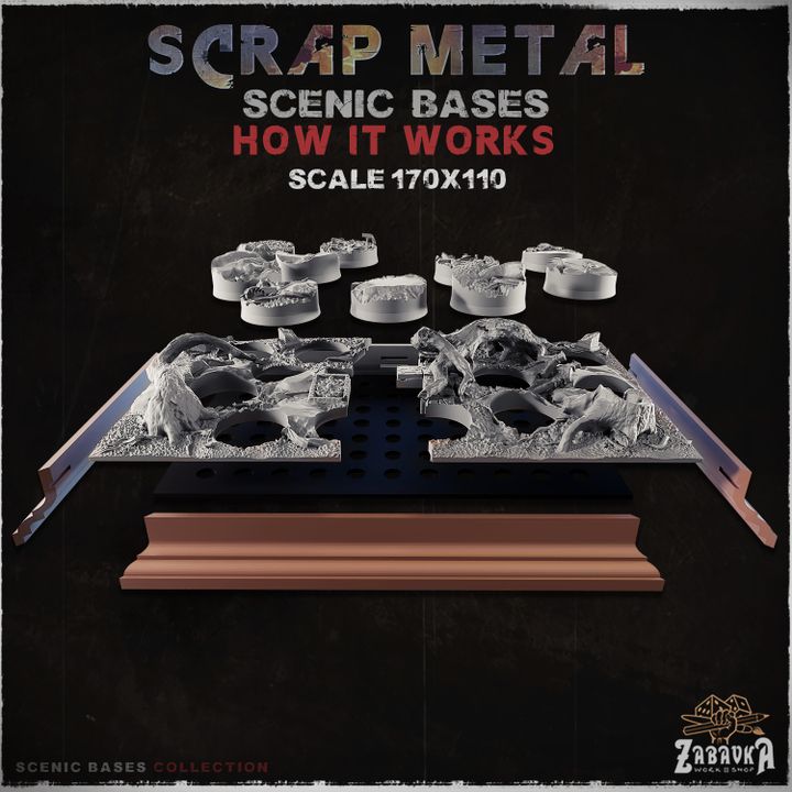 3D Printable Scrap Metal - Scenic Bases (40mm Bases) by Zabavka Workshop