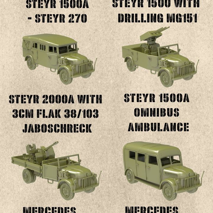 3D Printable STL PACK - 16 STEYR+HORCH+MERCEDES BENZ Military cars of ...