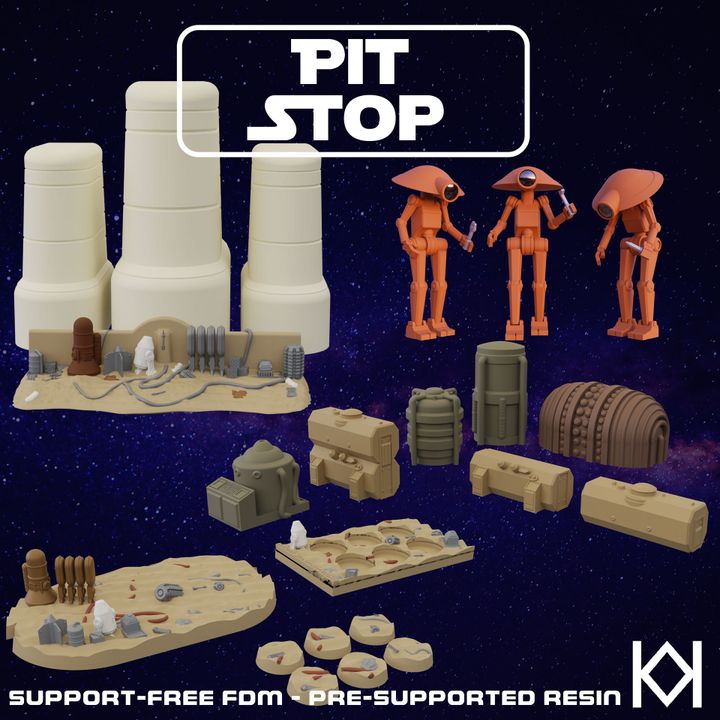 3D Printable Pit Stop Terrain and Miniatures by Kathy Millatt Modelling