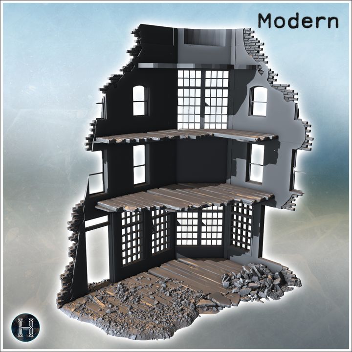 3D Printable Curved building facade with shattered windows, bullet ...