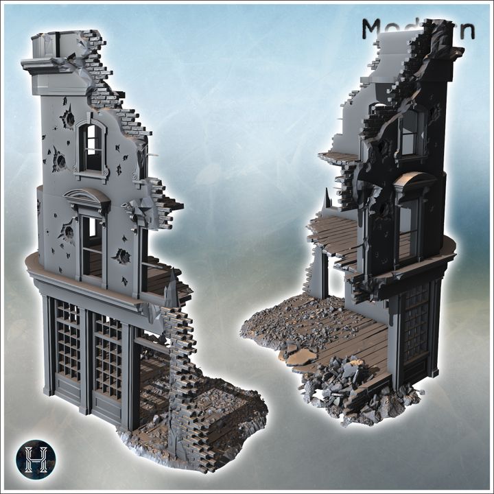 3D Printable Curved building facade with shattered windows, bullet ...