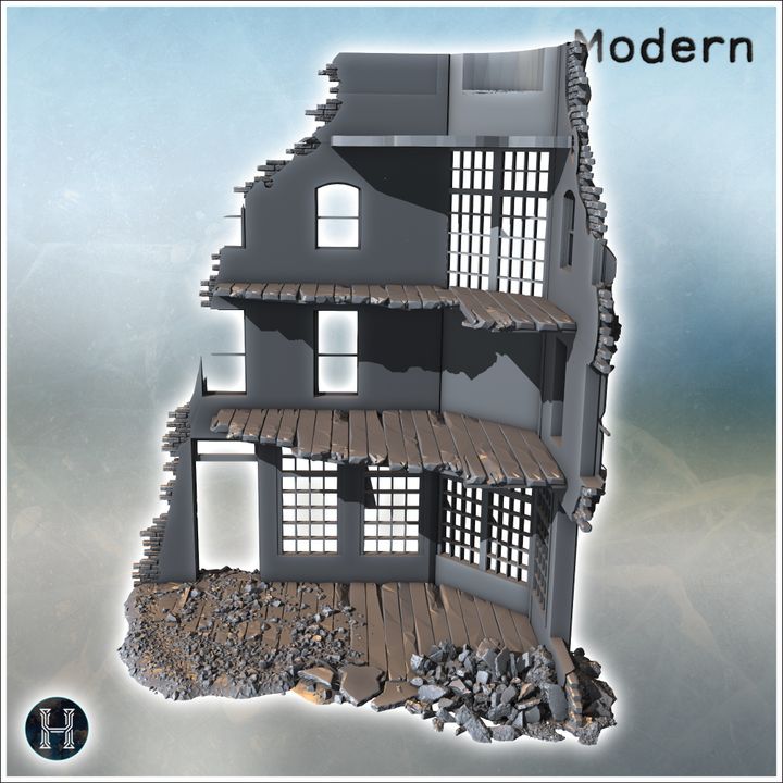 3D Printable Curved building facade with shattered windows, bullet ...