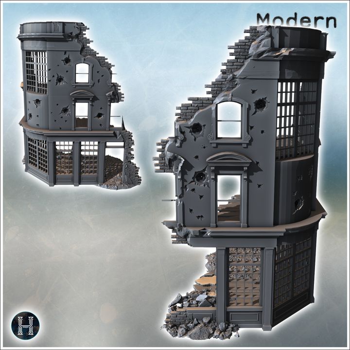3D Printable Curved building facade with shattered windows, bullet ...