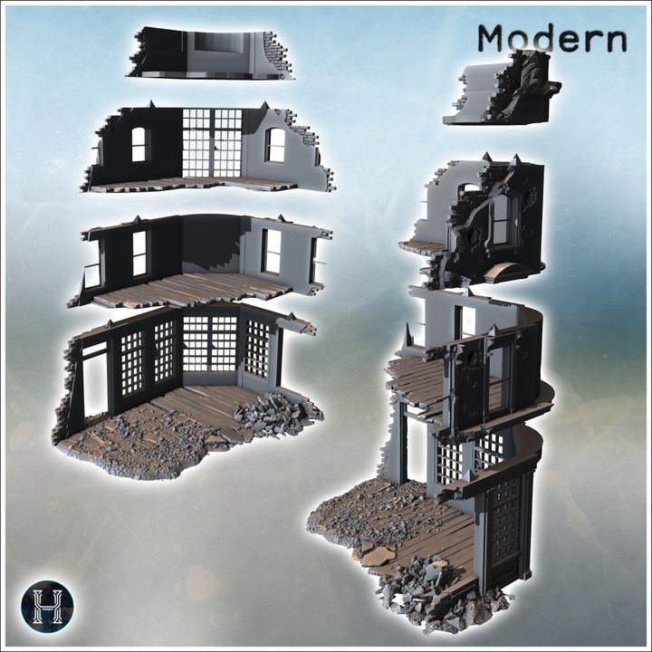 3D Printable Curved building facade with shattered windows, bullet ...