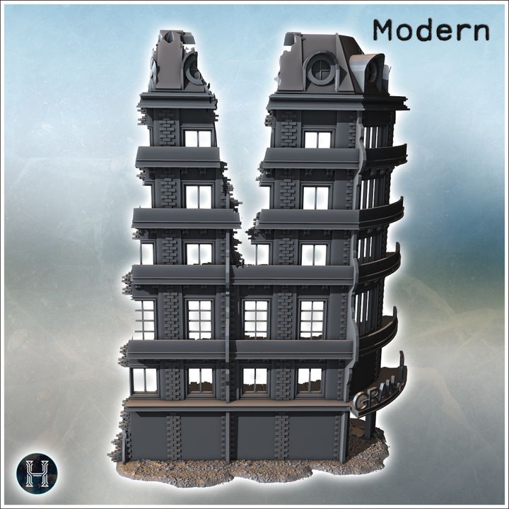 3D Printable Grand hotel destroyed facade with curved windows ...