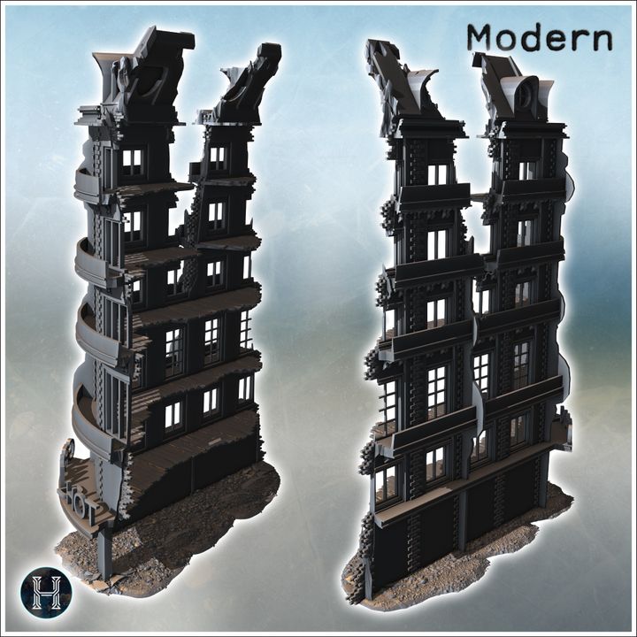 3D Printable Grand hotel destroyed facade with curved windows ...