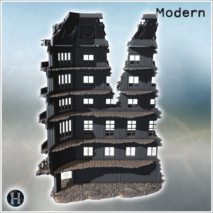 3D Printable Grand hotel destroyed facade with curved windows ...