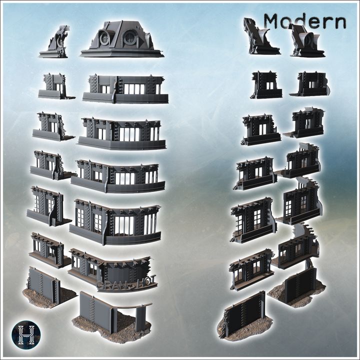 3D Printable Grand hotel destroyed facade with curved windows ...