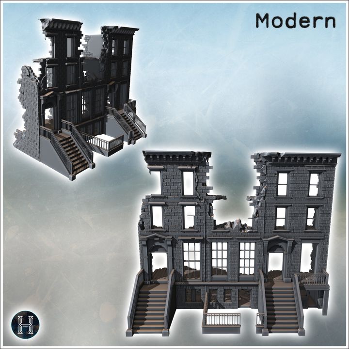 3D Printable Dual staircase building with broken central walls and ...