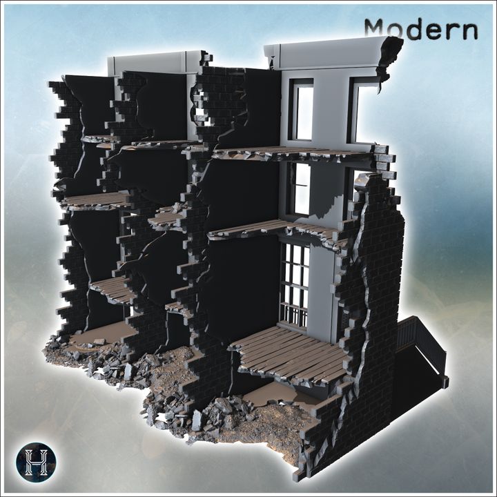 3D Printable Dual staircase building with broken central walls and ...