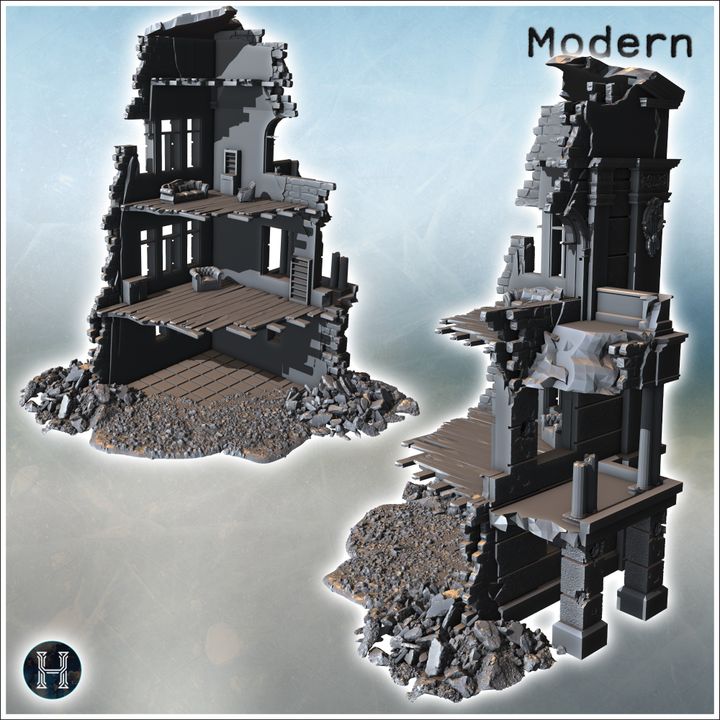 3D Printable Narrow damaged building with decorative elements and ...