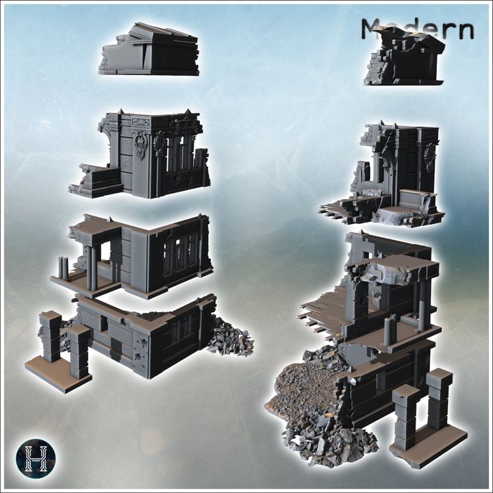3D Printable Narrow damaged building with decorative elements and ...