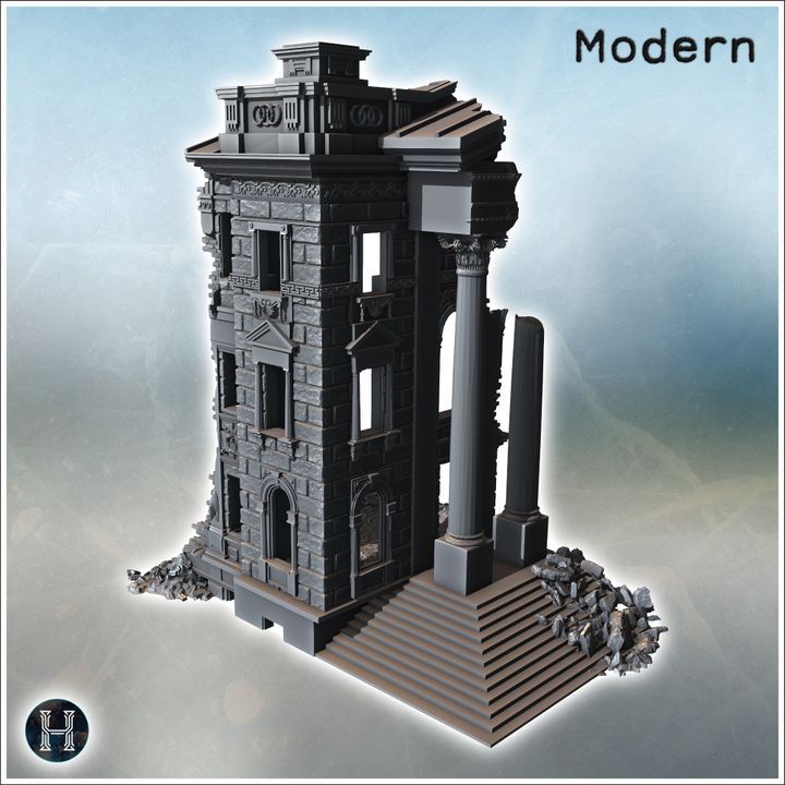 3D Printable Classical building facade with columns, large steps, and ...