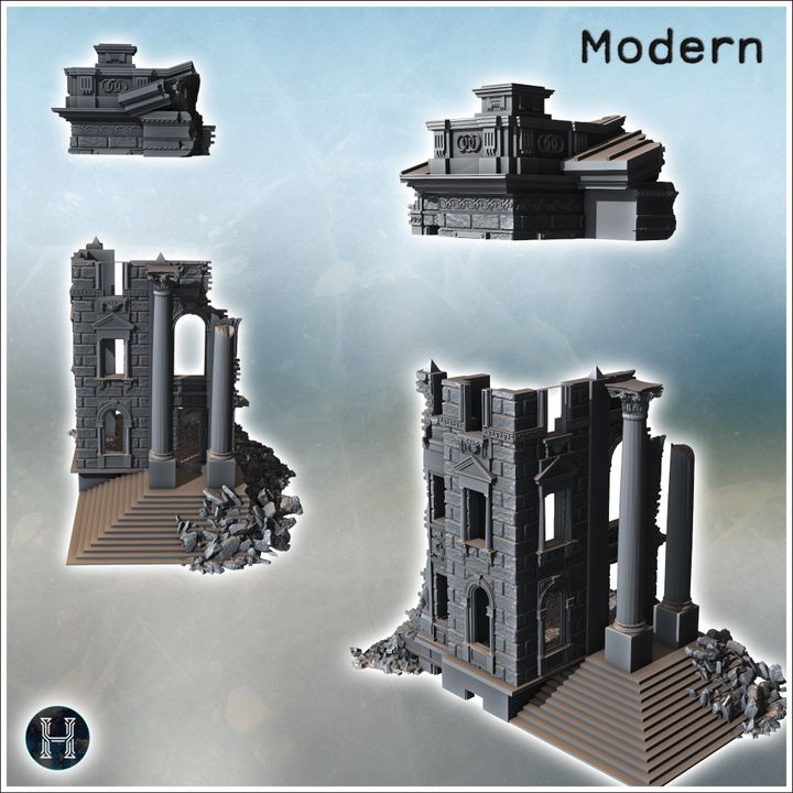 3D Printable Classical building facade with columns, large steps, and ...