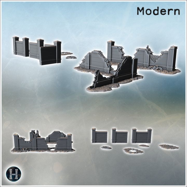 3D Printable Series of damaged walls with broken sections, rubble piles ...