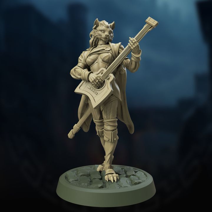 3D Printable Whispers the Unsung, Catfolk Bard by Crippled God Foundry
