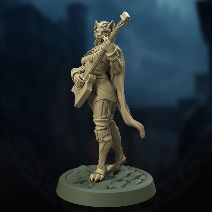 3D Printable Whispers the Unsung, Catfolk Bard by Crippled God Foundry
