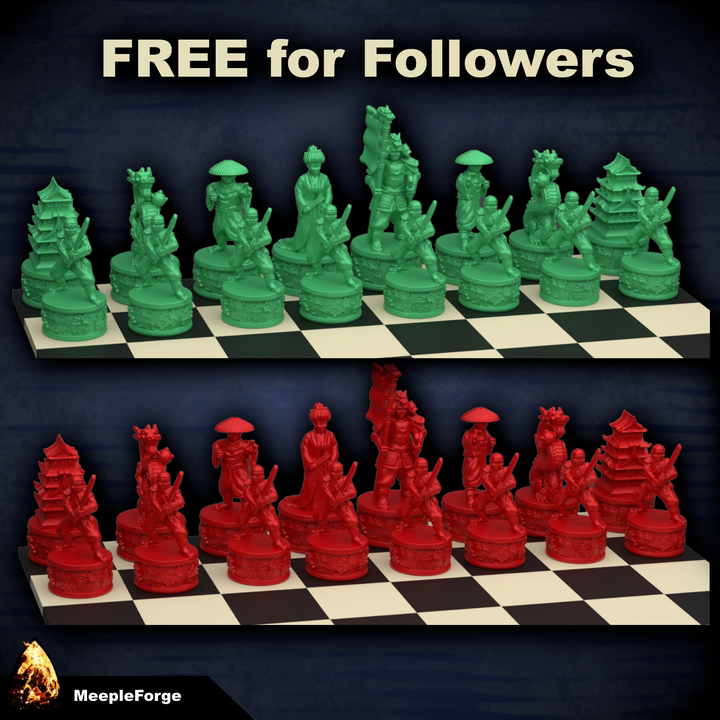 3D Printable Chess Pieces - Japanese Shogun Style by Andy at MeepleForge