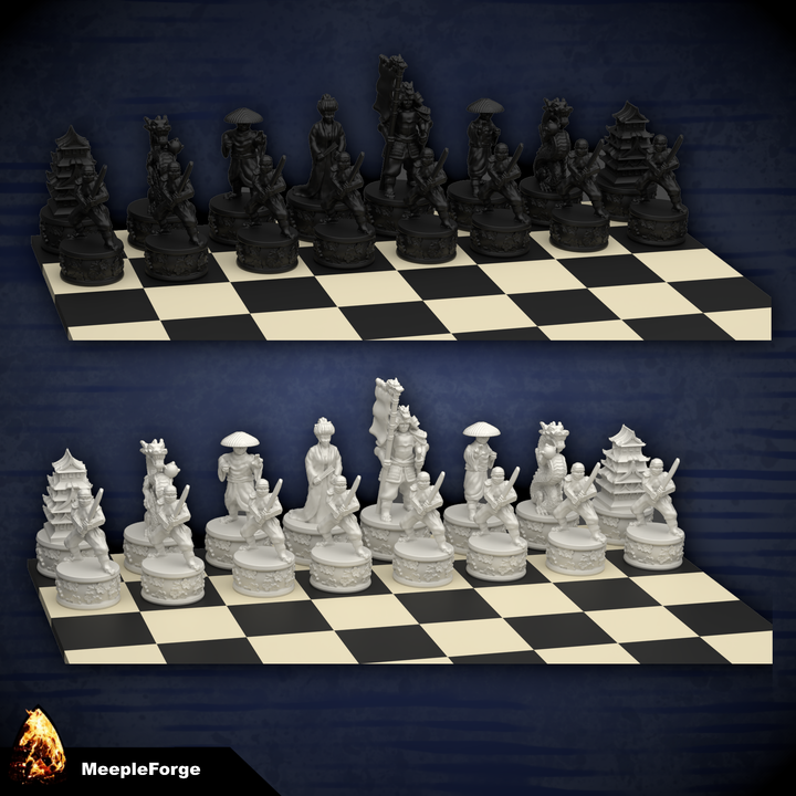 3D Printable Chess Pieces - Japanese Shogun Style by Andy at MeepleForge