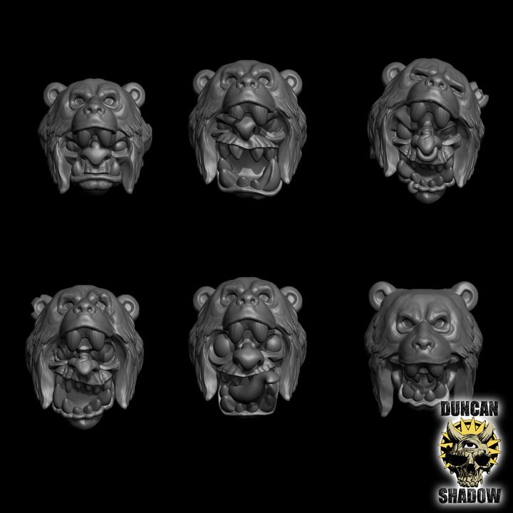 3D Printable Goblin barbarian bear heads (Pre Supported) by Duncan Shadow
