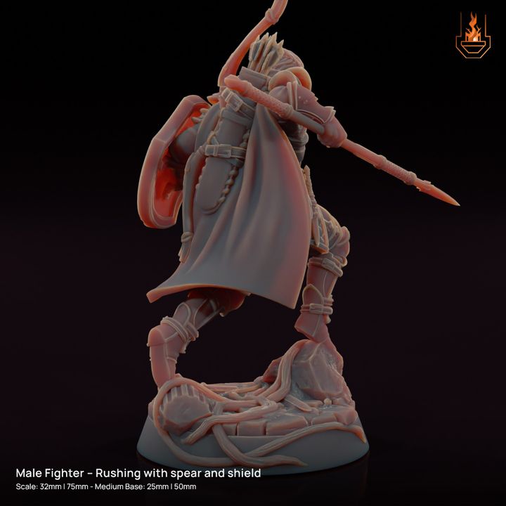 3D Printable Human Male Fighter - Rushing with spear and shield ...