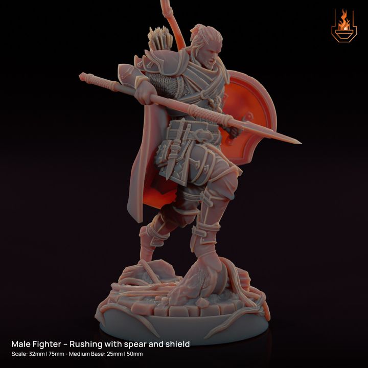 3D Printable Human Male Fighter - Rushing with spear and shield [Supported] by Magnetic Foundry