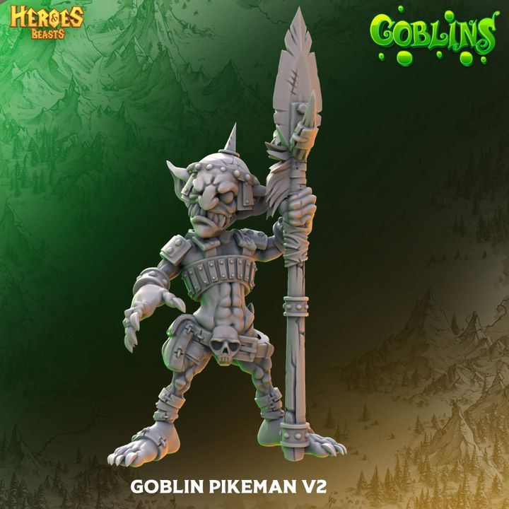 3D Printable goblin pikeman v2 by Heroes and Beasts