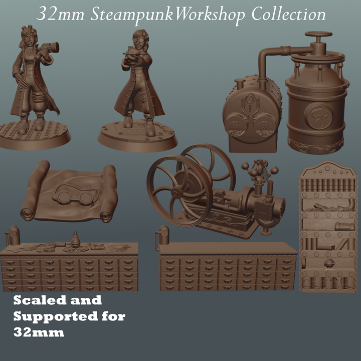 3D Printable 32mm Steampunk Workshop: Inventors Nook : Workbench, Steam ...