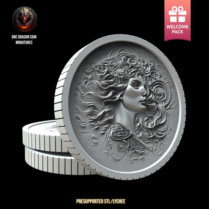 3D Printable Lady Coin - Token by One Dragon Coin Miniatures