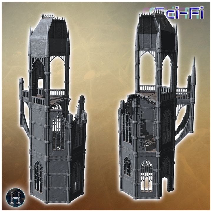 3D Printable Tower-like structure with high gothic arches, spiked ...