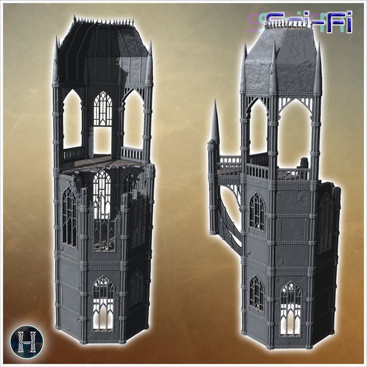 3D Printable Tower-like structure with high gothic arches, spiked ...