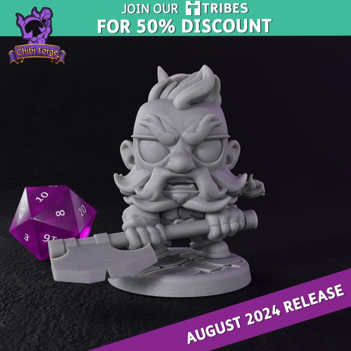 3D Printable Male Dwarf Barbarian - Chibi Forge by Titan Forge Miniatures