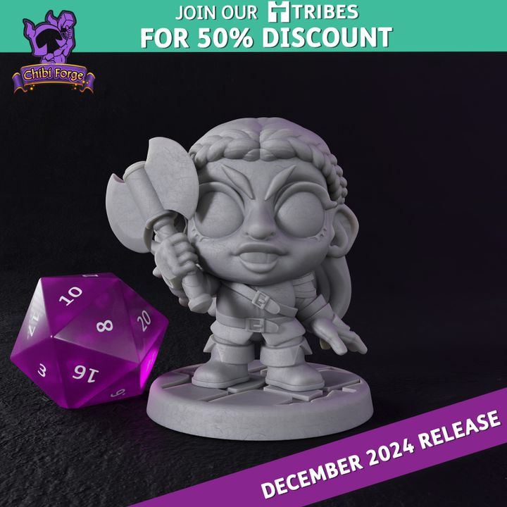 3D Printable Female Dwarf Fighter - Chibi Forge by Titan Forge Miniatures