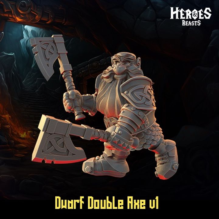 3D Printable dwarf double axe v1 by Heroes and Beasts