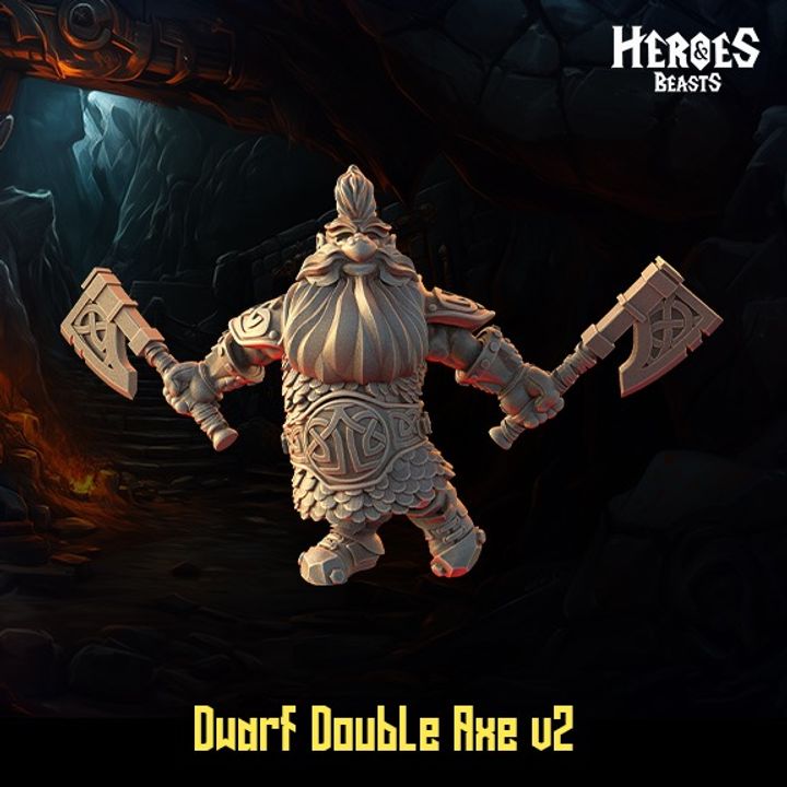 3D Printable dwarf double axe v2 by Heroes and Beasts