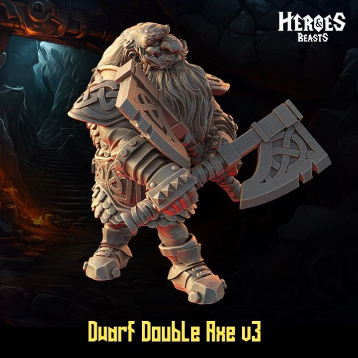 3D Printable dwarf double axe v3 by Heroes and Beasts