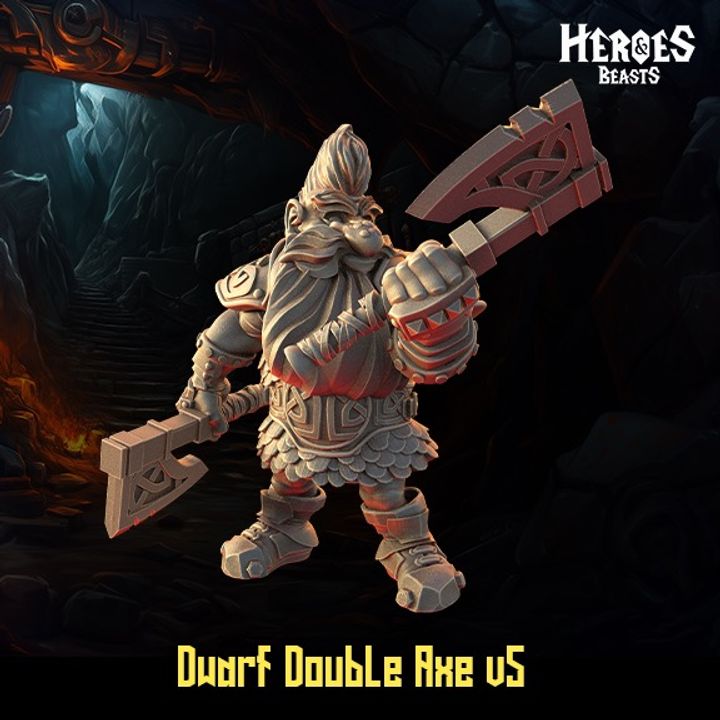 3D Printable dwarf double axe v5 by Heroes and Beasts