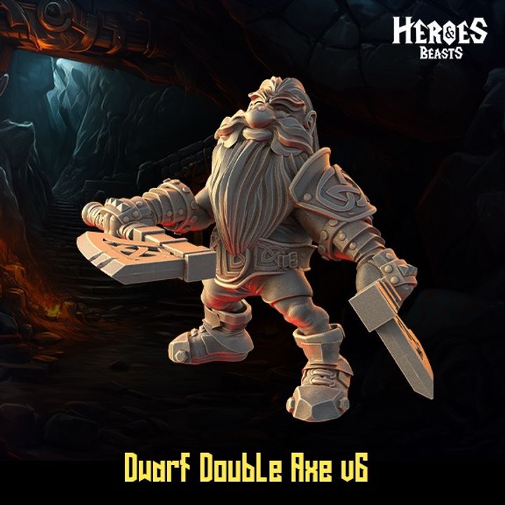 3D Printable dwarf double axe v6 by Heroes and Beasts