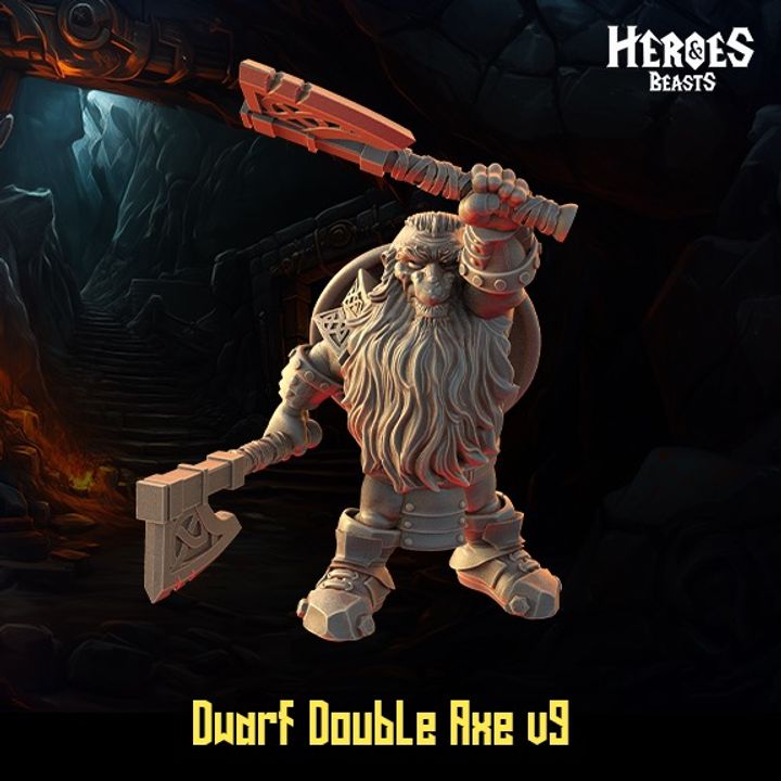 3D Printable dwarf double axe v9 by Heroes and Beasts