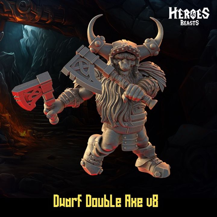 3D Printable dwarf double axe v8 by Heroes and Beasts