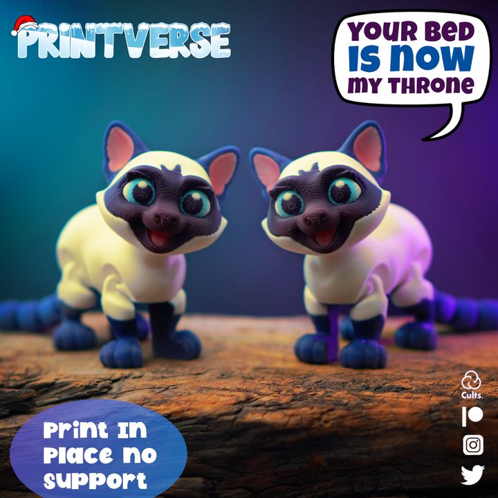 3D Printable Flexy Print In Place Siamese Kitten by Printverse