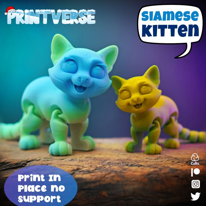 3D Printable Flexy Print In Place Siamese Kitten by Printverse