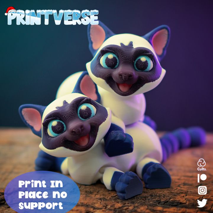 3D Printable Flexy Print In Place Siamese Kitten by Printverse