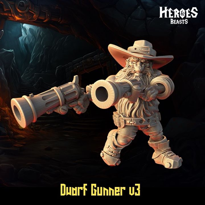 3D Printable dwarf gunner v3 by Heroes and Beasts