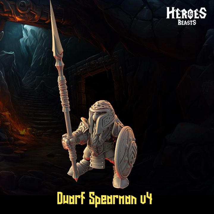 3D Printable dwarf spearman v4 by Heroes and Beasts