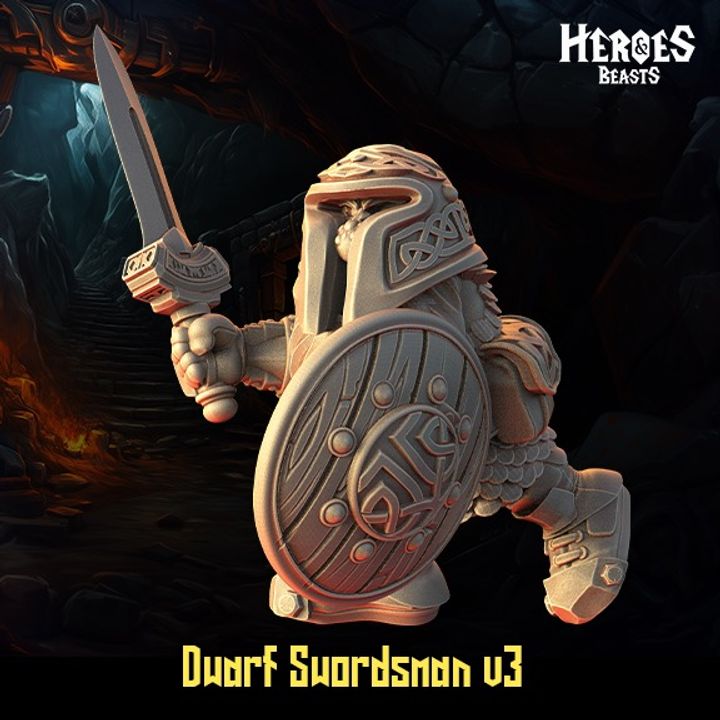 3D Printable dwarf swordsman v3 by Heroes and Beasts